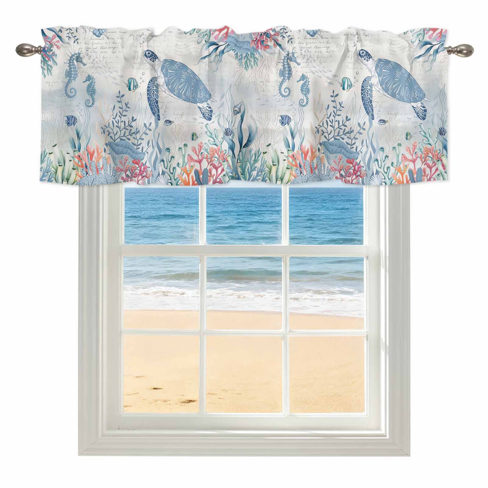 Sea Turtle Window Valance for Kitchen, Watercolor Seaweed Fish Coral ...