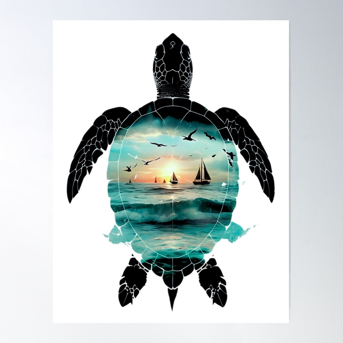 Sea Turtle With Ocean Landscape – Surreal Art Poster Wall Art, Modern ...