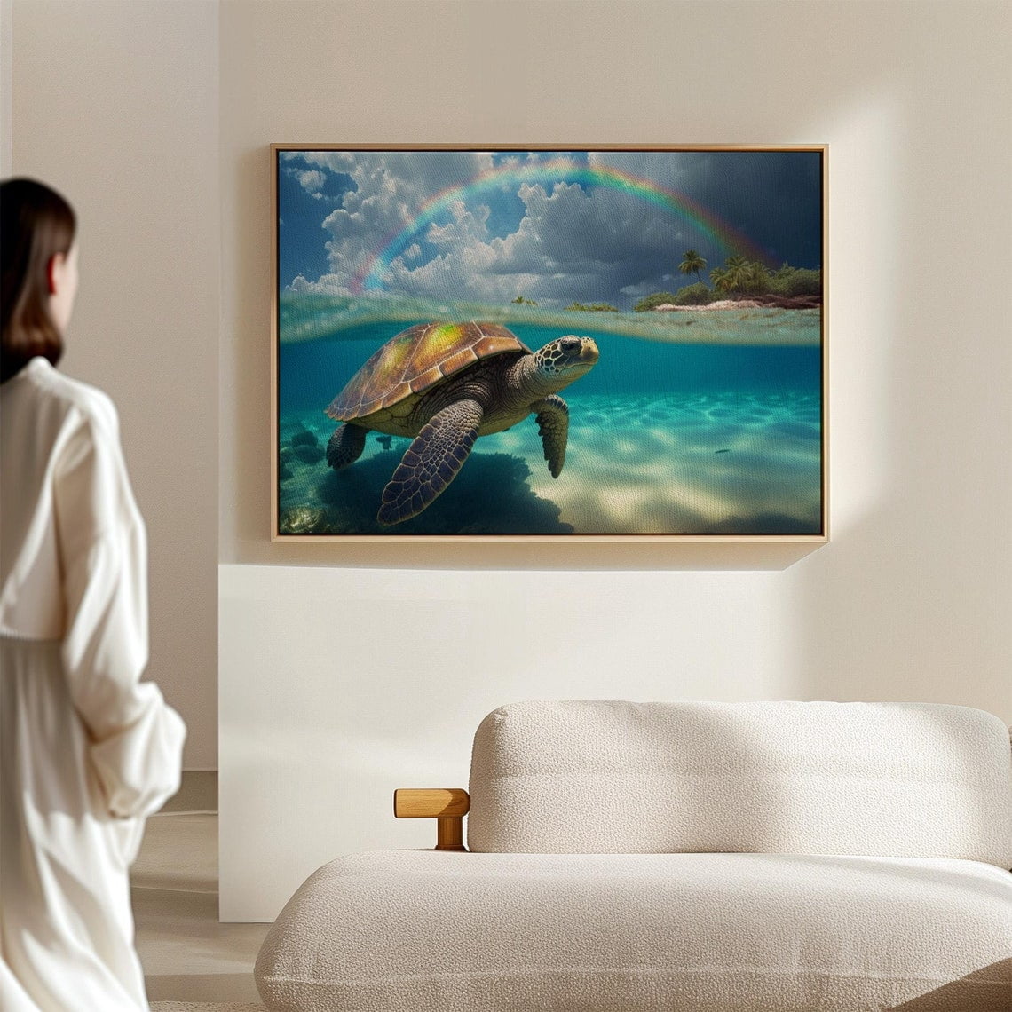 Sea Turtle With Rainbow Print, Modern Beach House Decor, Slate Blue And ...