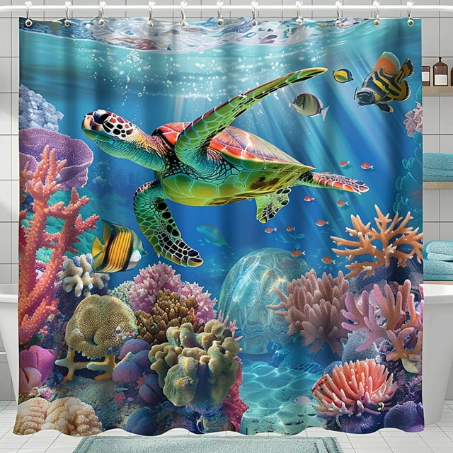 Sea Turtle And Colorful Coral Reef Shower Curtain Vibrant Ocean Life