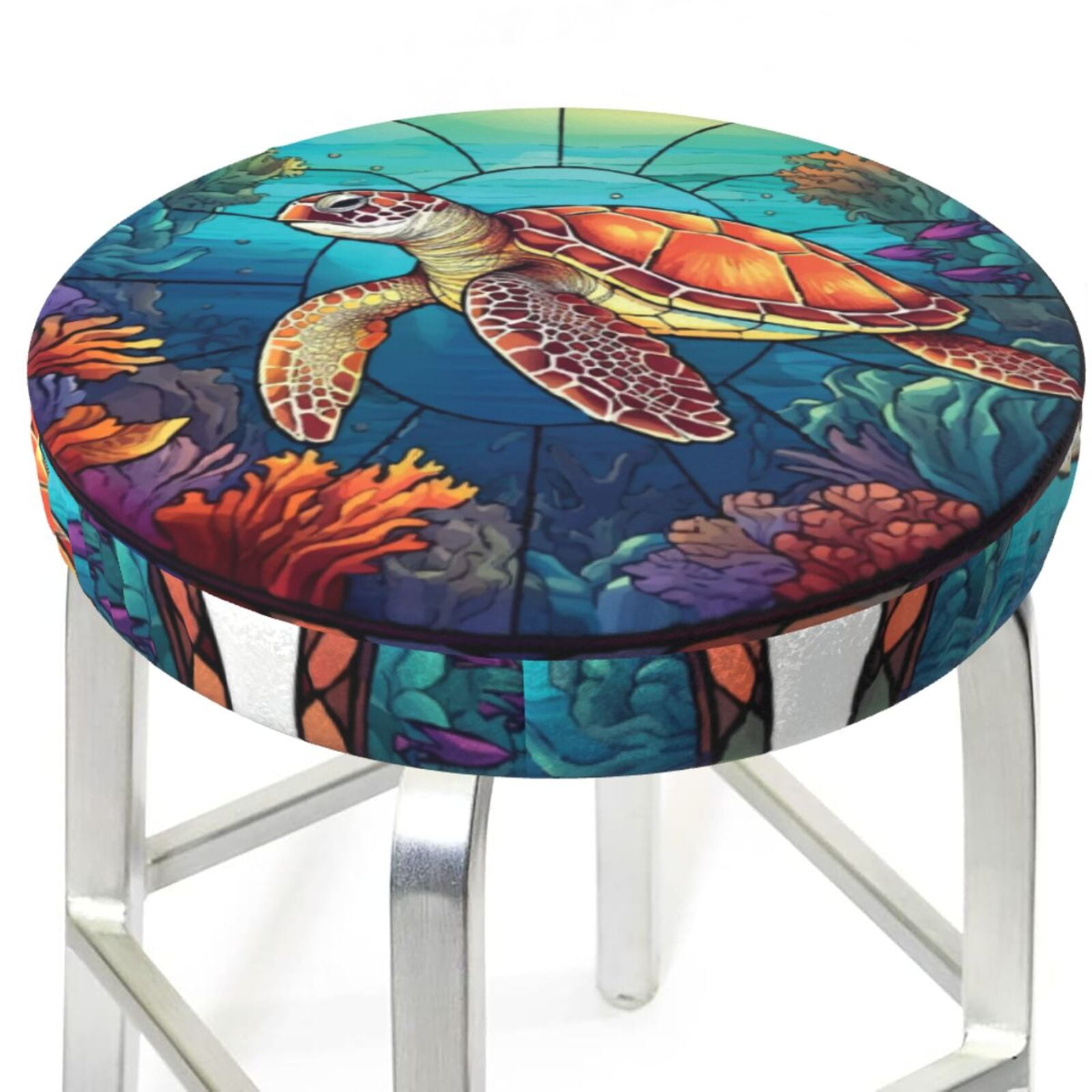 Sea Turtle in Coral Bar Stool Covers - Stretch Round Seat Covers with ...