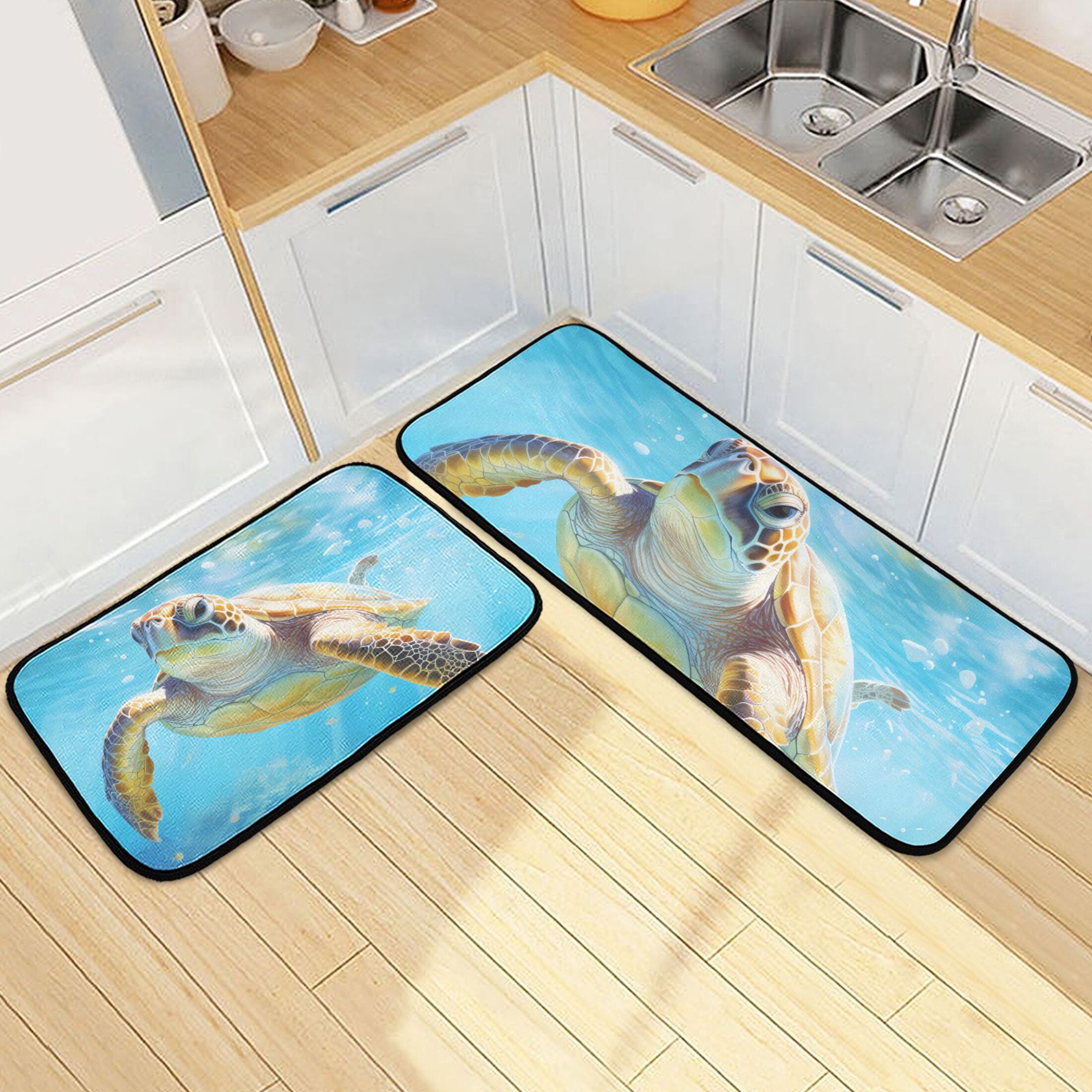 Sea Turtle in Sea Swimming Kitchen Rugs Set of 2 Non Slip Floor Foam ...