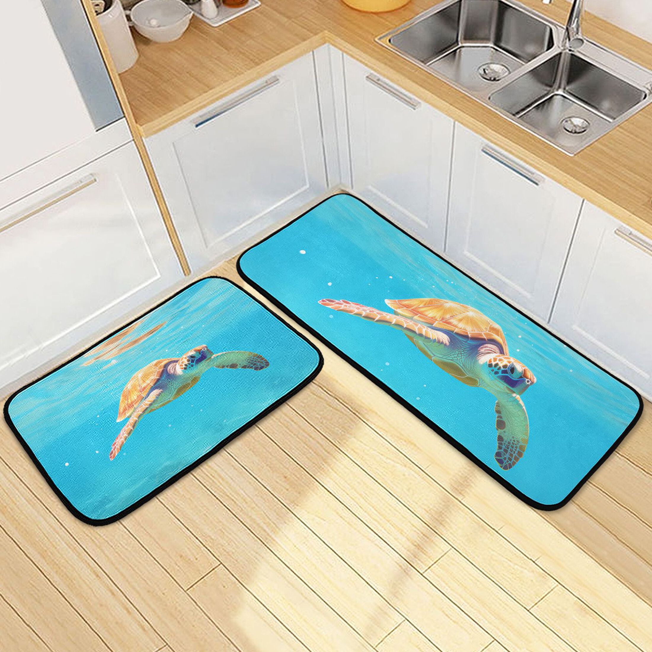 Sea Turtle in Sea View Kitchen Rugs Set of 2 Non Slip Floor Foam Mat ...