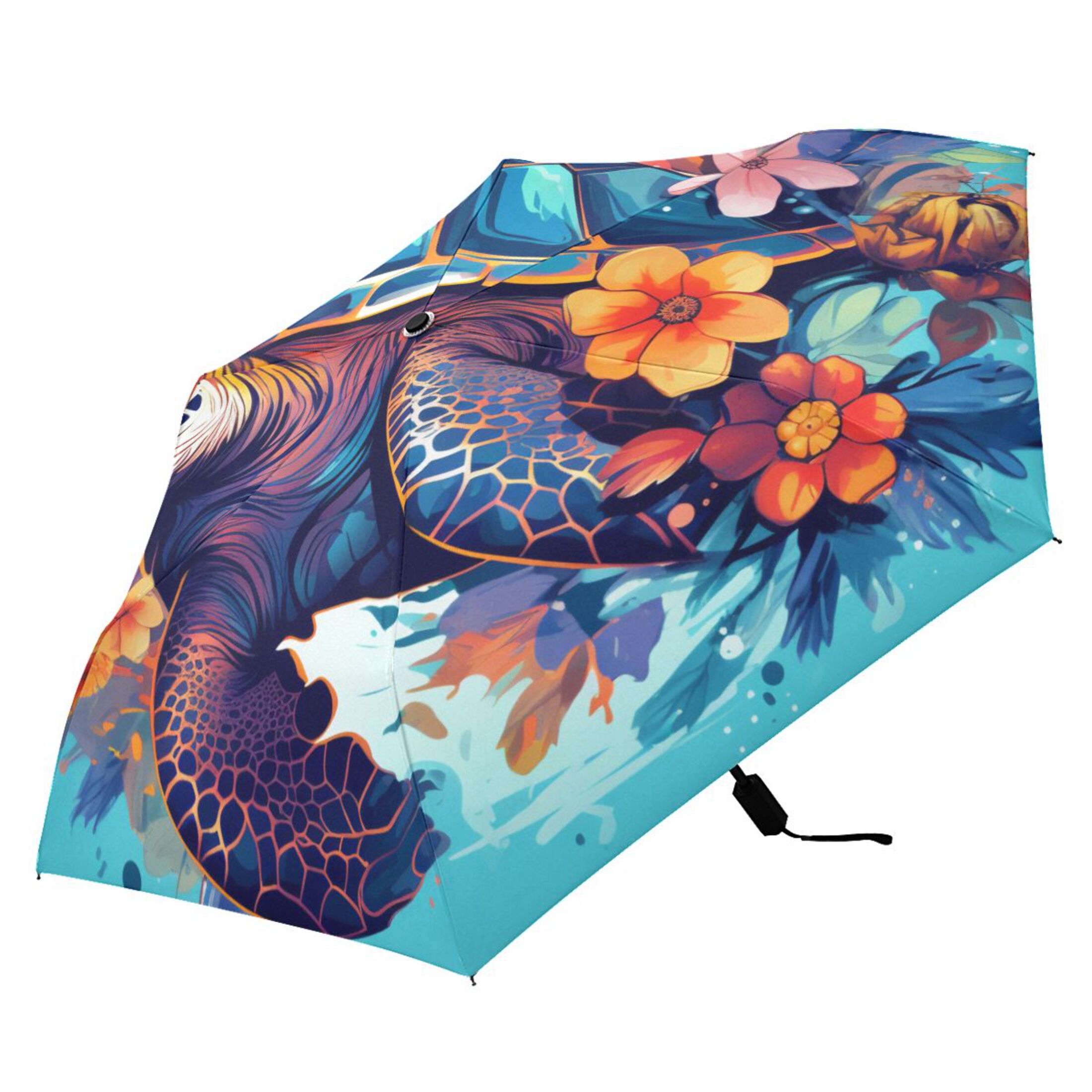 Sea Turtle with Floral Compact Folding Umbrella for Rain Windproof ...