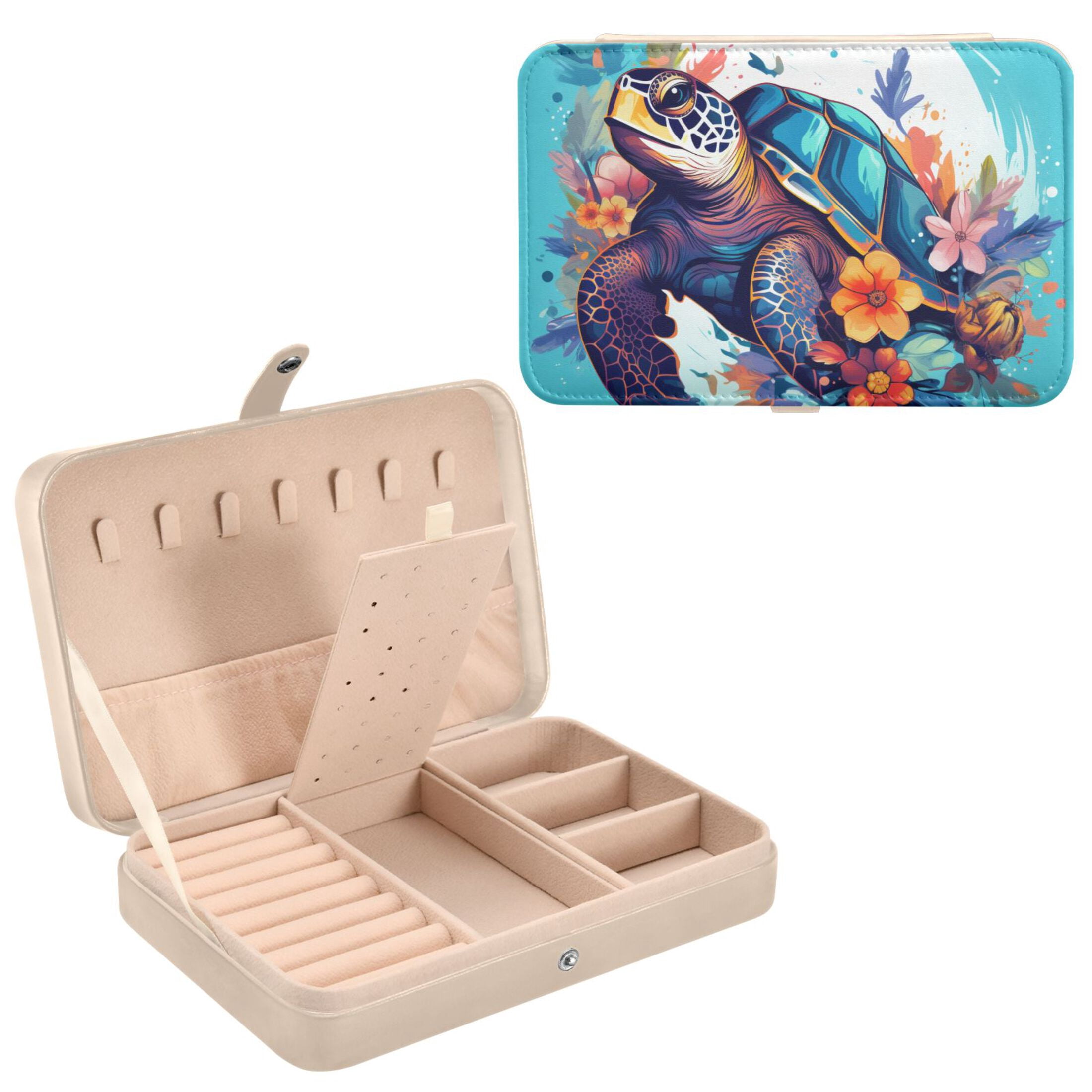 Sea Turtle with Floral Jewelry Box PU Leather Travel Small Jewelry ...