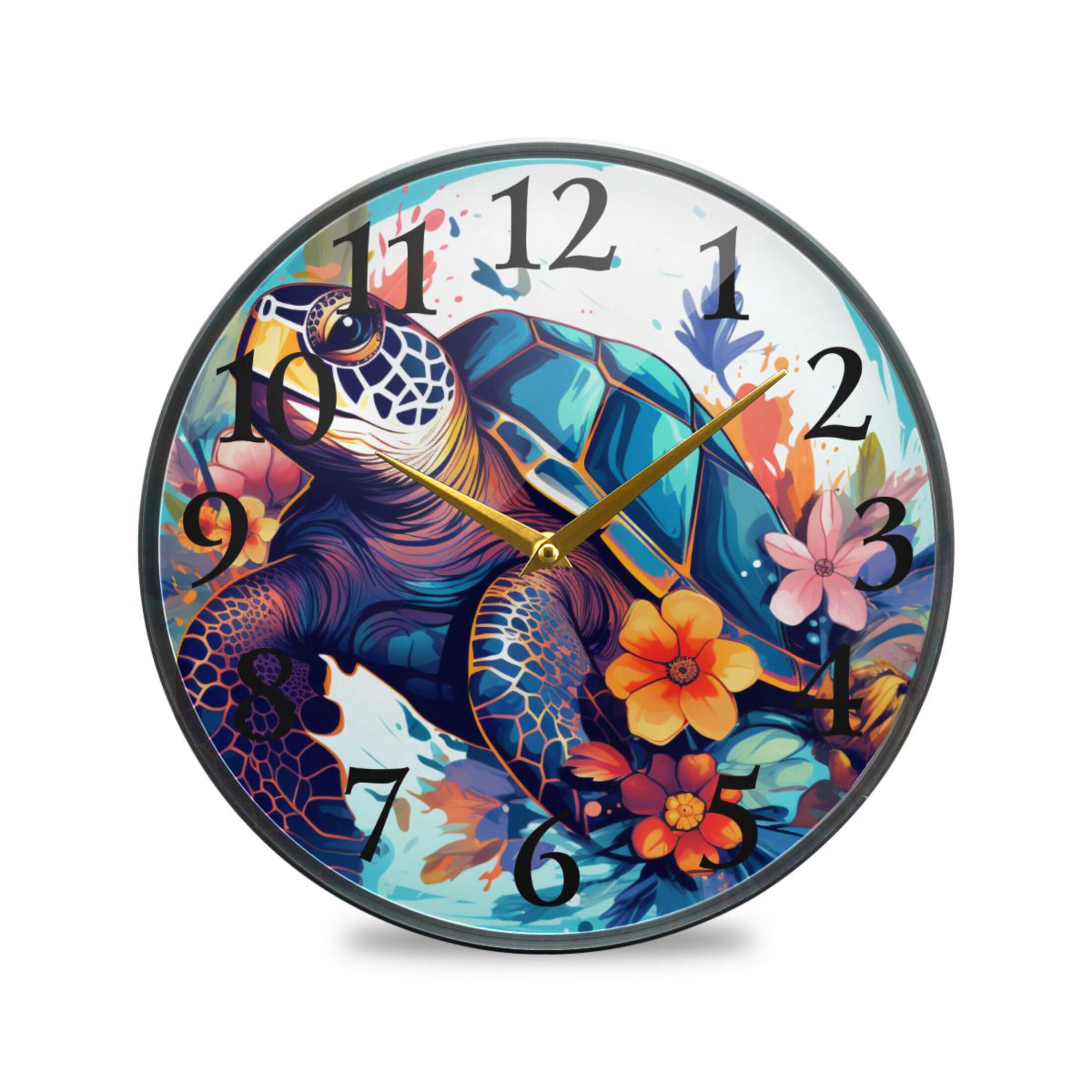 Sea Turtle with Floral Wall Clocks Battery Operated 9.5 Inch Round ...