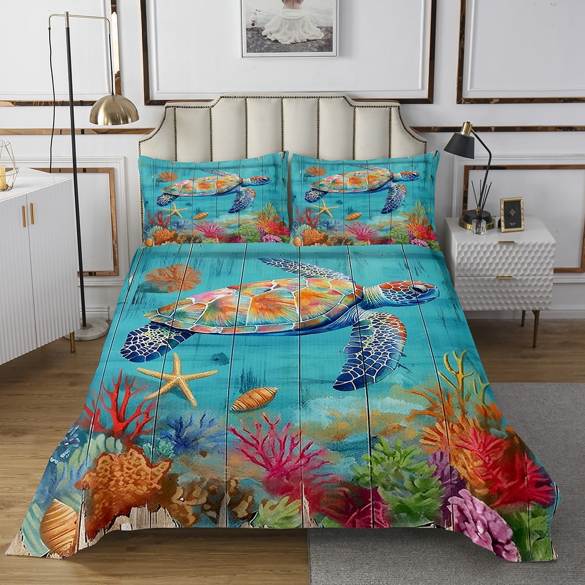 Sea Turtles Bedspread Set King Size,Ocean Starfish Coral Bedroom Decor ...