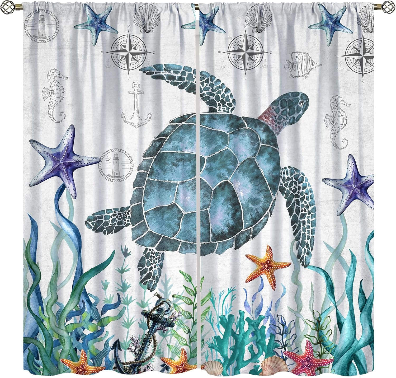 Sea Turtles Curtains,Ocean Shell Starfish Nautical Theme Window ...