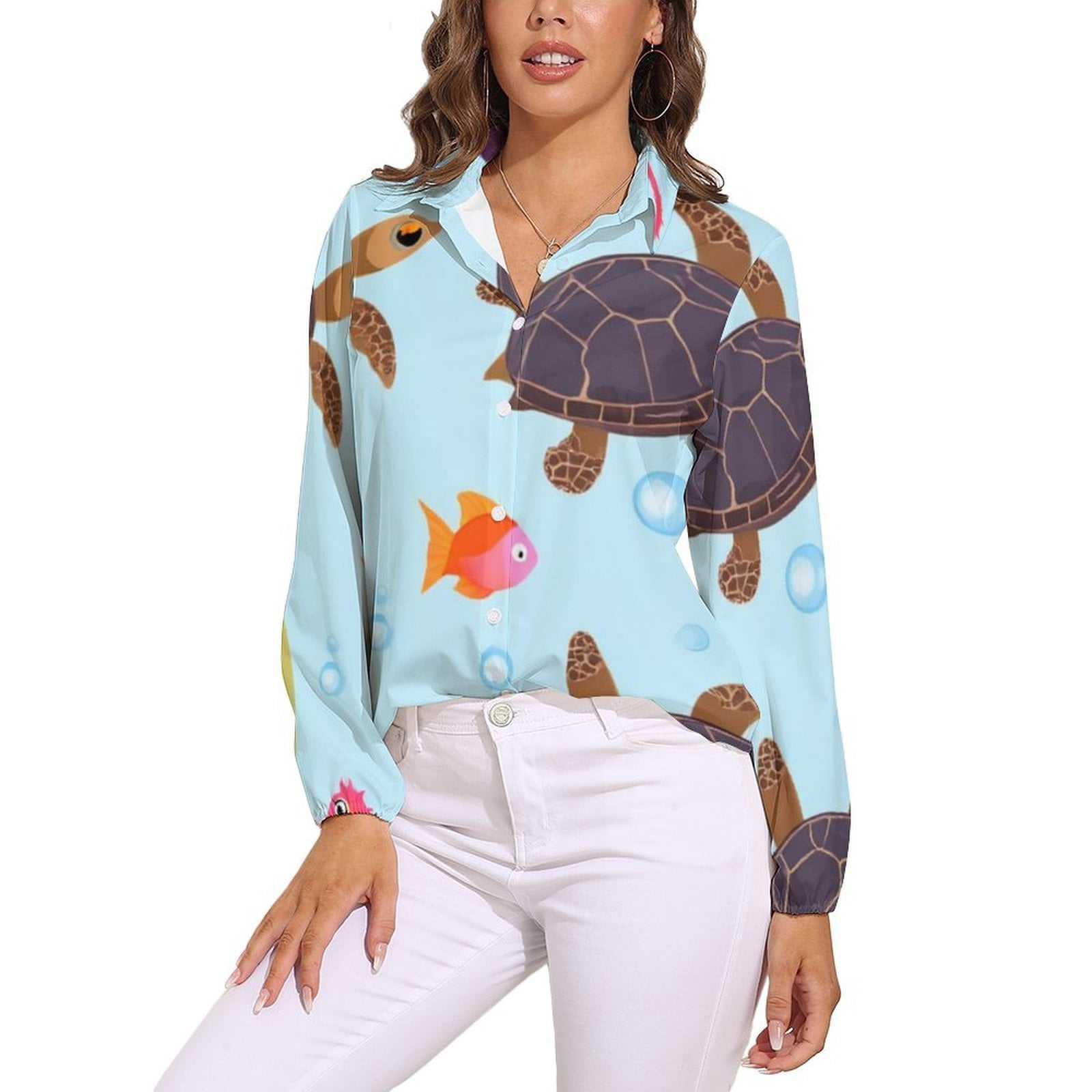 Sea Turtles & Fish Vntage Casual Long Sleeve Shirt Blouse Woman ...