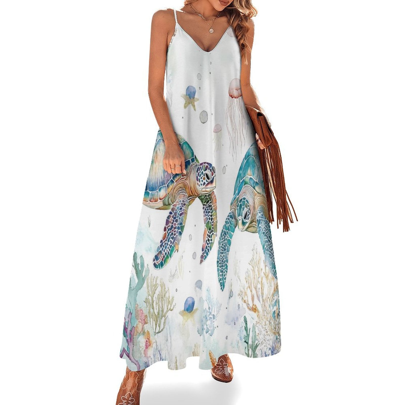 Sea Turtles Jellyfish Starfish Coral Women's Maxi Dress Spaghetti Strap ...