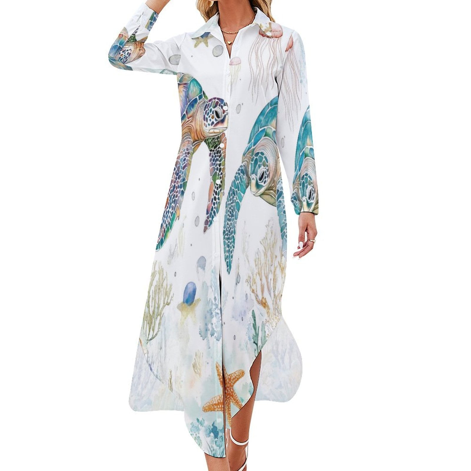 Sea Turtles Jellyfish Starfish Coral Women's Maxi T Shirt Dress Long ...