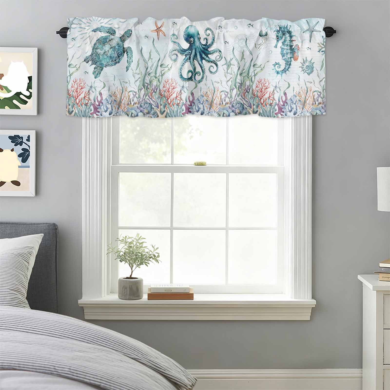 Sea Turtles Nautical Seaweed Valances for Windows,Rod Pocket Valance ...