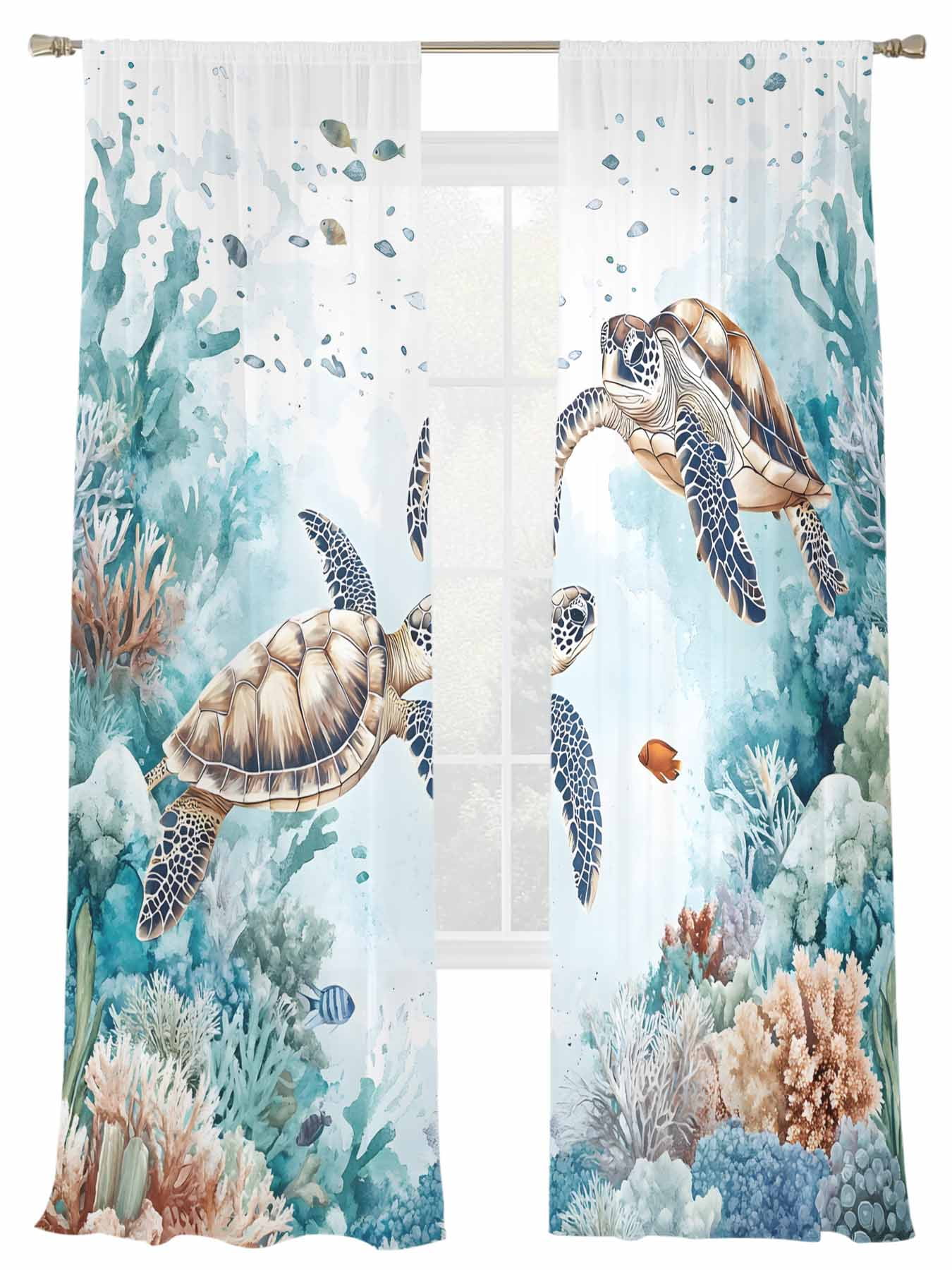 Sea Turtles Sheer Curtains 96 Inch Long 2 Panels, Nautical Underwater ...