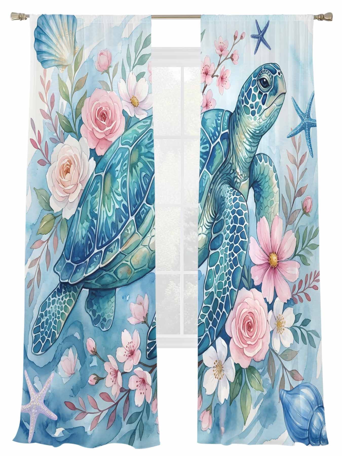 Sea Turtles Sheer Curtains 96 Inch Long 2 Panels, Pink Flower Shell ...