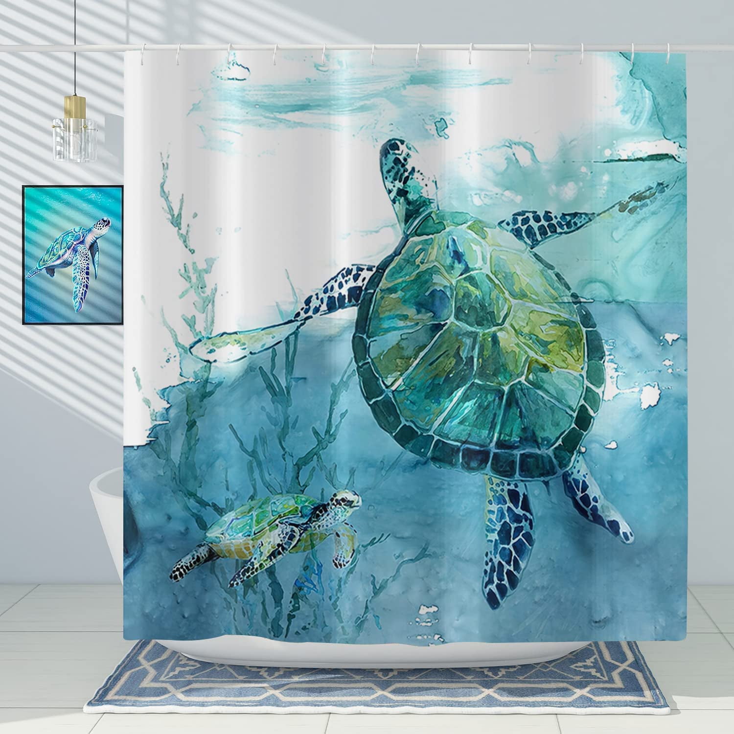 Sea Turtles Shower Curtain, Ocean Themed Underwater Coral Teal Turtles ...