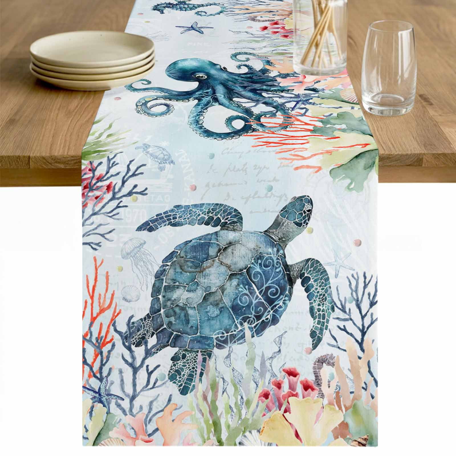 Sea Turtles Table Runner - 120 Inch Long Oceans Octopus Starfish ...