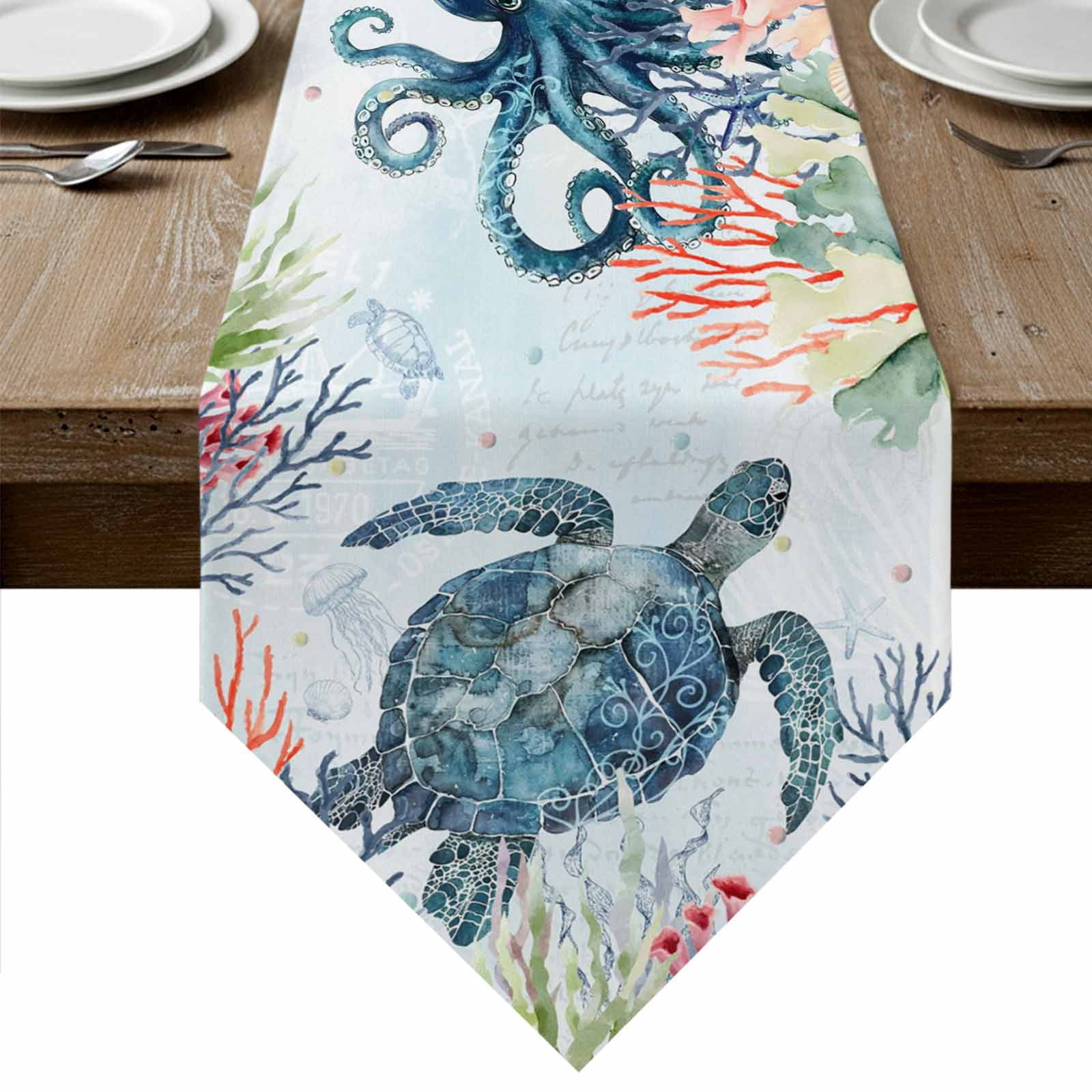 Sea Turtles Table Runner Linen Burlap Table Runner 90 Inches Long ...