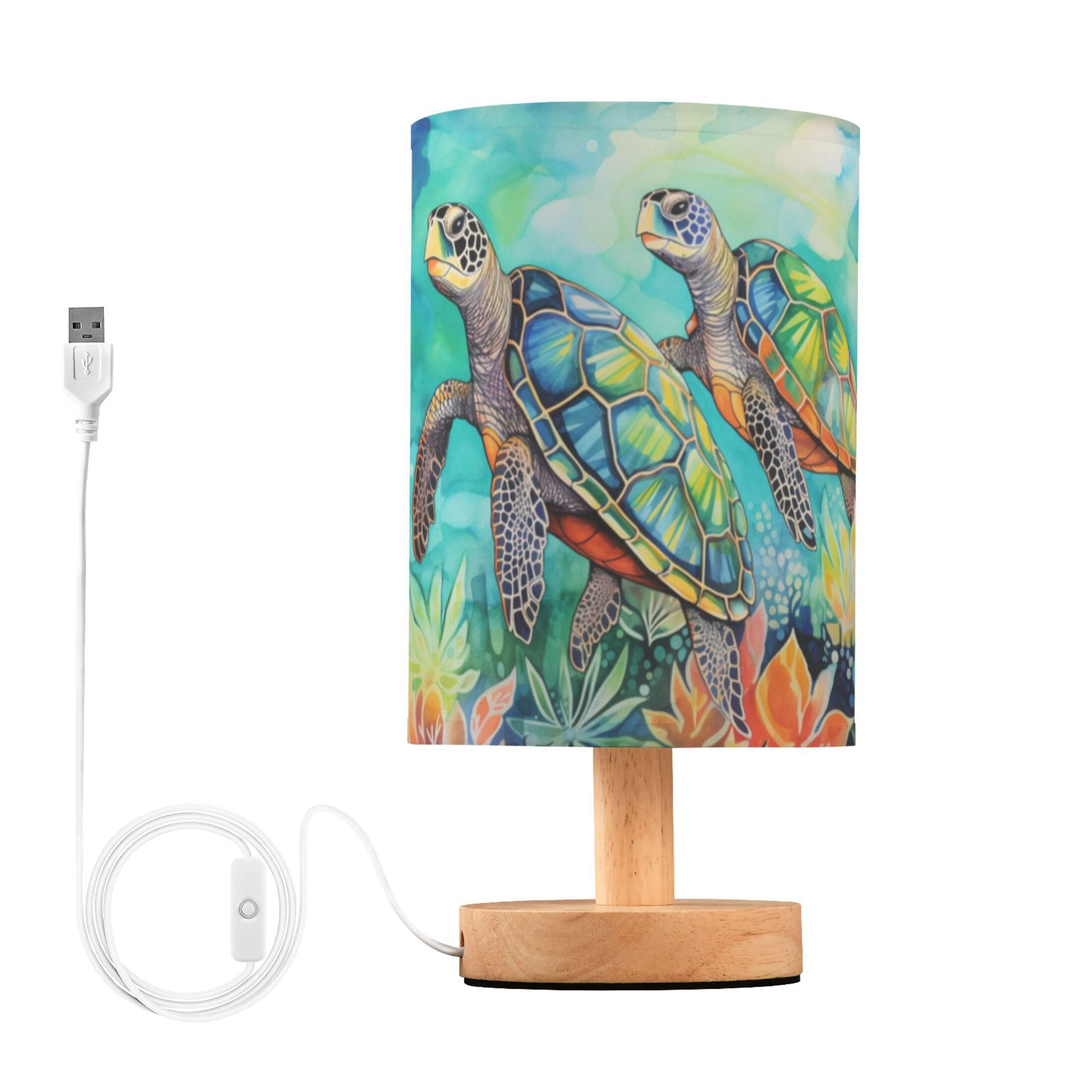 Sea Turtles in Ocean Bedside Table Lamp LED Warm Lights with USB ...