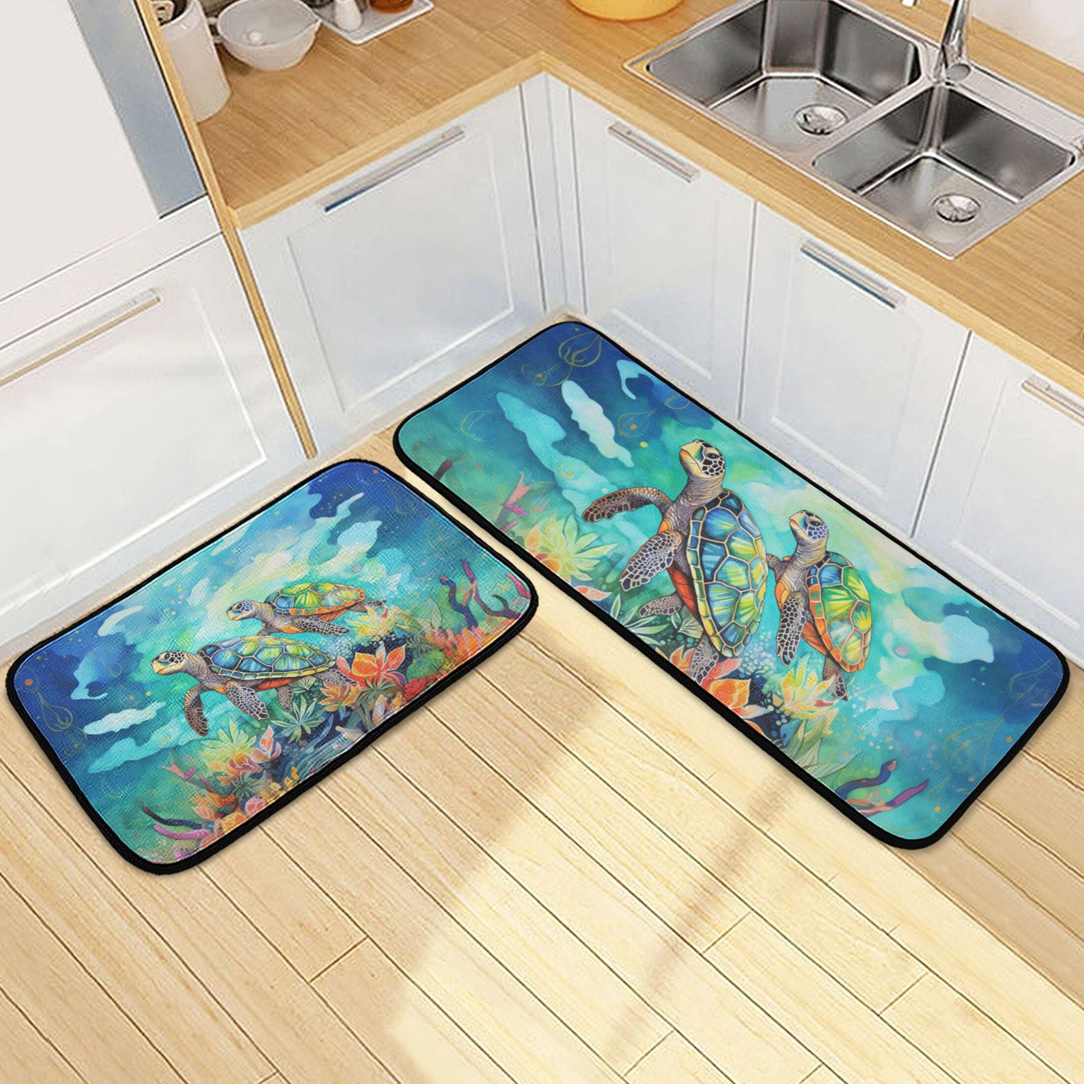 Sea Turtles in Ocean Kitchen Rugs Set of 2 Non Slip Floor Foam Mat ...