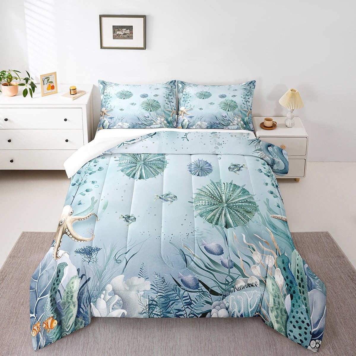 Sea Urchin Comforter Set Teal Blue Ocean Beach Coastal Twin Bedding ...