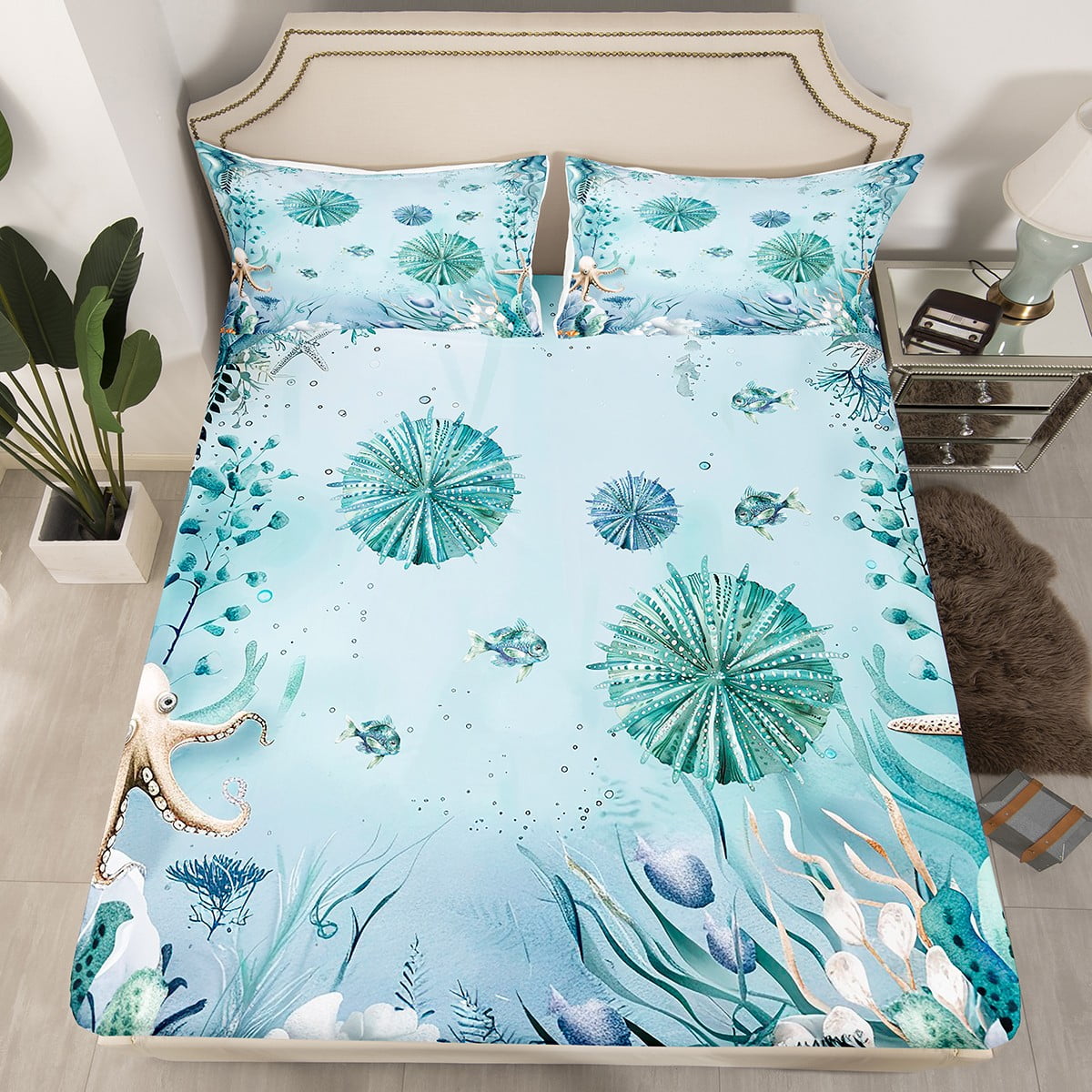 Sea Urchin Fitted Sheet Teal Blue Ocean Beach Coastal Queen Bed Sheets ...