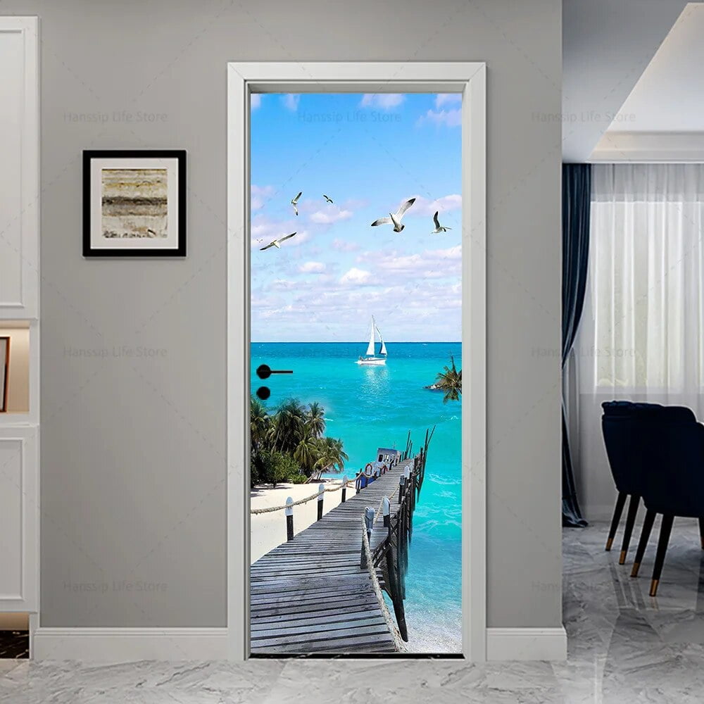 Sea View Beach 3D Door Mural Sticker Self Adhesive PVC Blue Sky Summer ...