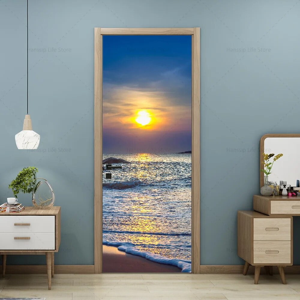 Sea View Beach 3D Door Mural Sticker Self Adhesive PVC Blue Sky Summer ...