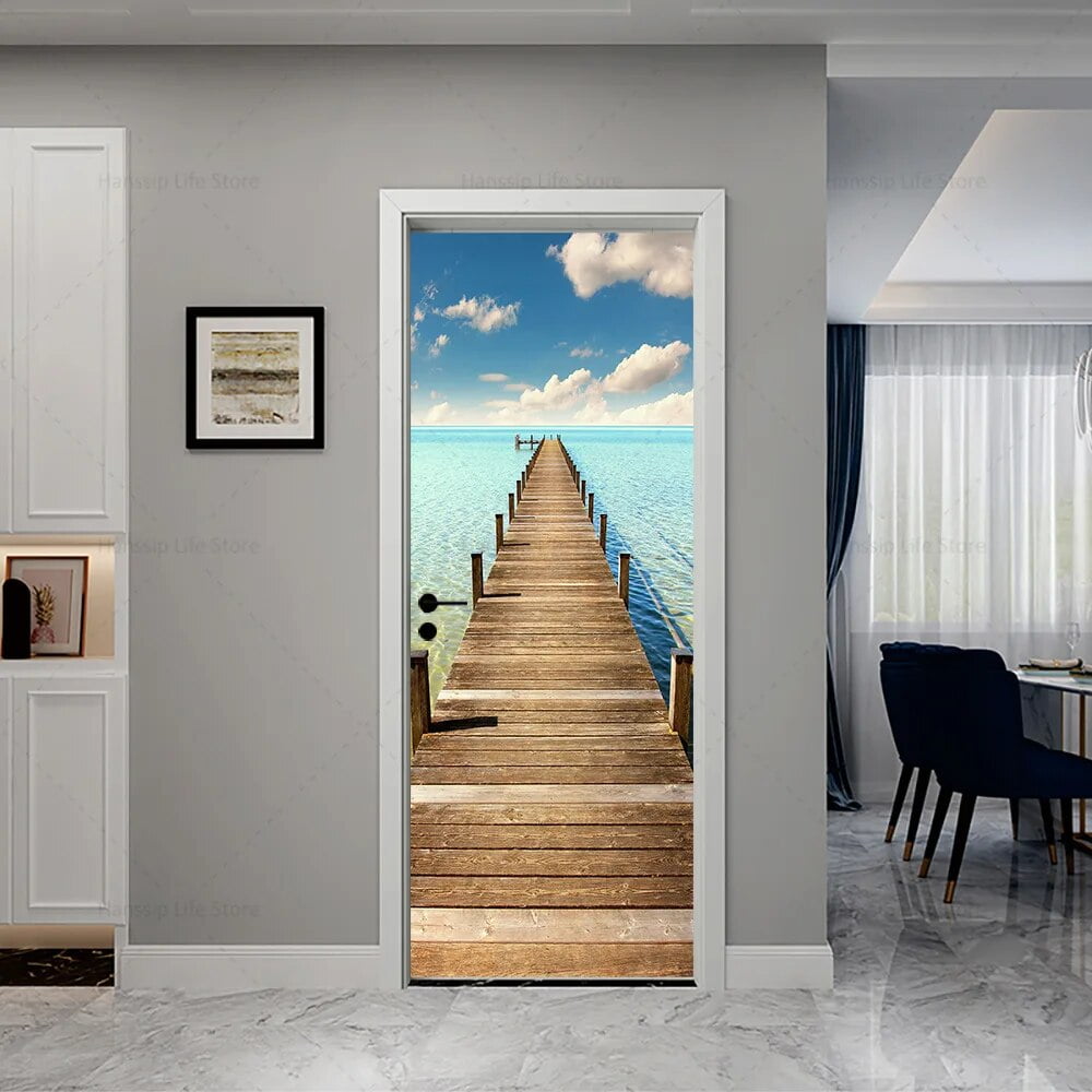 Sea View Beach 3D Door Mural Sticker Self Adhesive PVC Blue Sky Summer ...