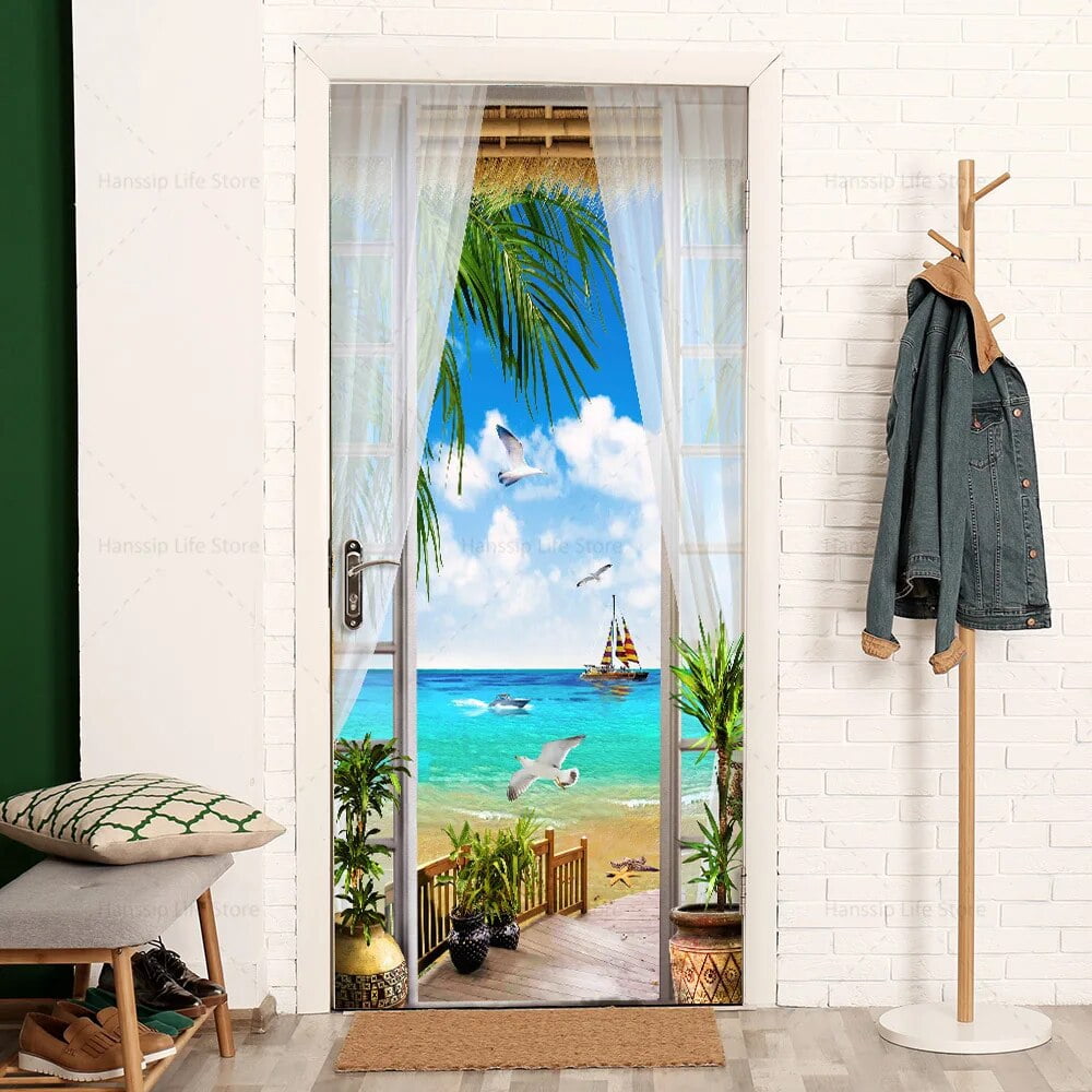 Sea View Beach 3D Door Mural Sticker Self Adhesive PVC Blue Sky Summer ...