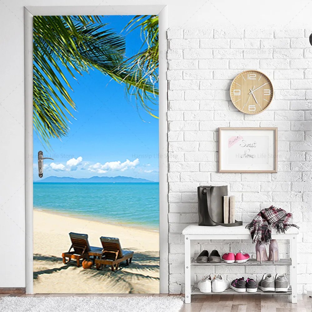 Sea View Beach 3D Door Mural Sticker Self Adhesive PVC Blue Sky Summer ...