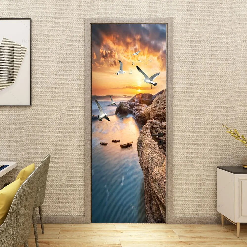 Sea View Beach 3D Door Mural Sticker Self Adhesive PVC Blue Sky Summer ...