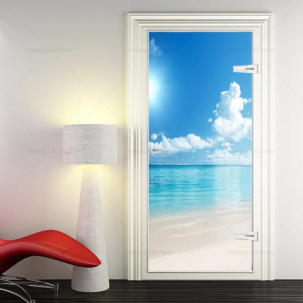 Sea View Beach 3D Door Mural Sticker Self Adhesive PVC Blue Sky Summer ...