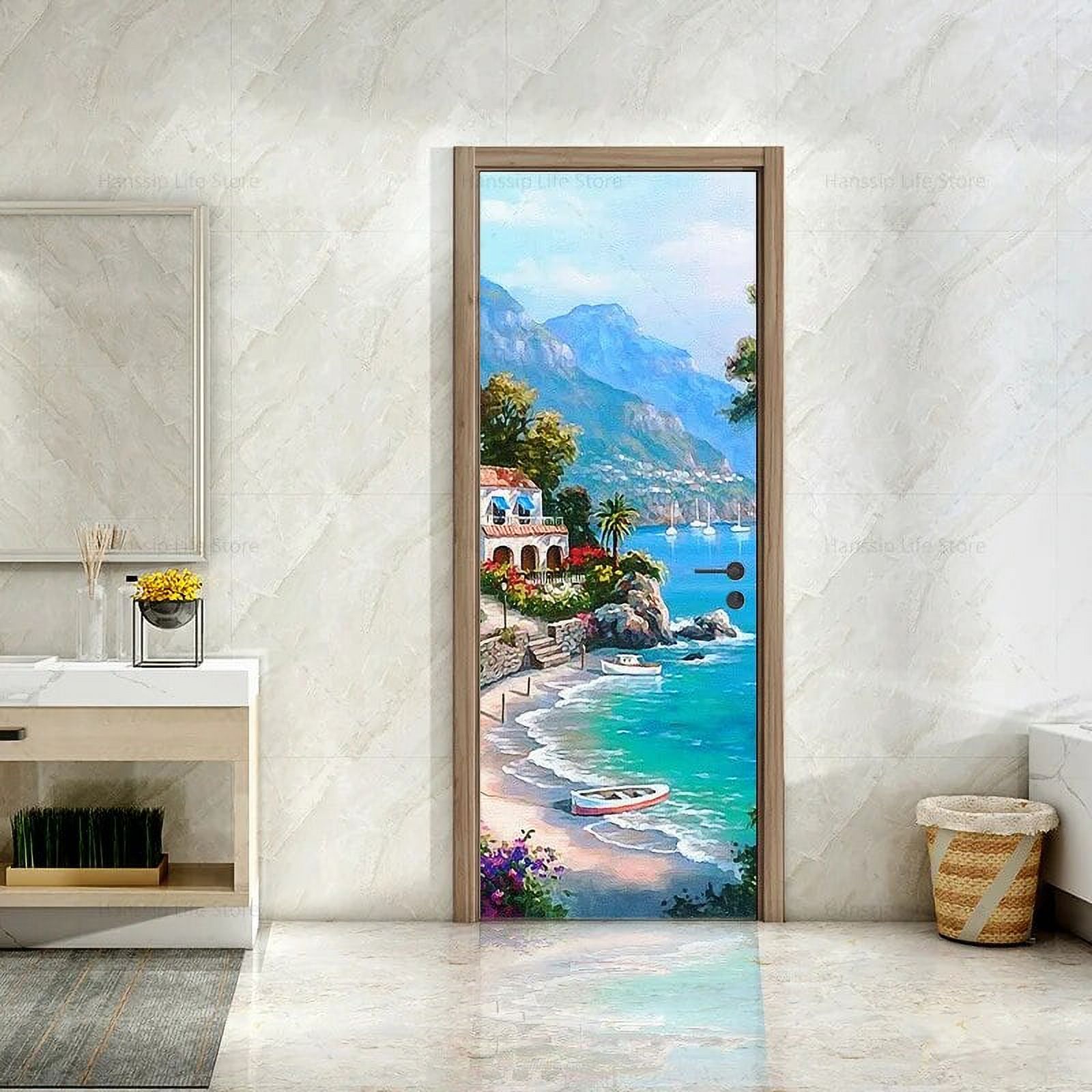 Sea View Beach 3D Door Mural Sticker Self Adhesive PVC Blue Sky Summer ...