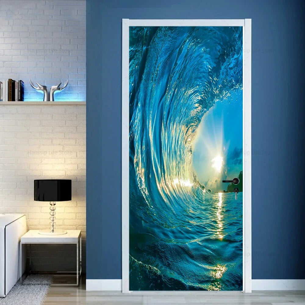 Sea View Beach 3D Door Mural Sticker Self Adhesive PVC Blue Sky Summer ...