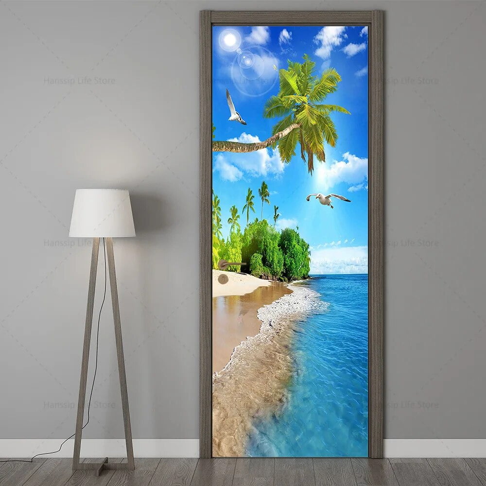 Sea View Beach 3D Door Mural Sticker Self Adhesive PVC Blue Sky Summer ...