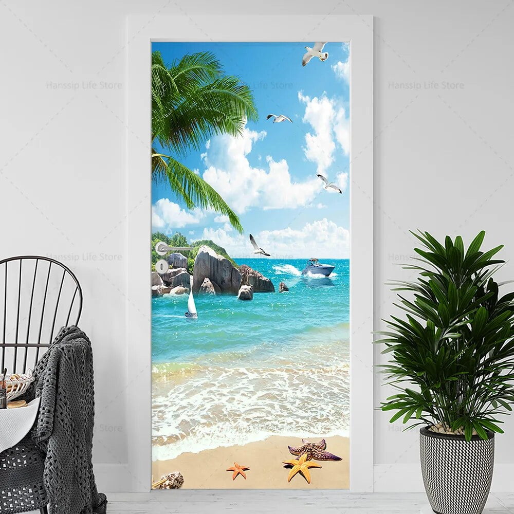 Sea View Beach 3D Door Mural Sticker Self Adhesive PVC Blue Sky Summer ...