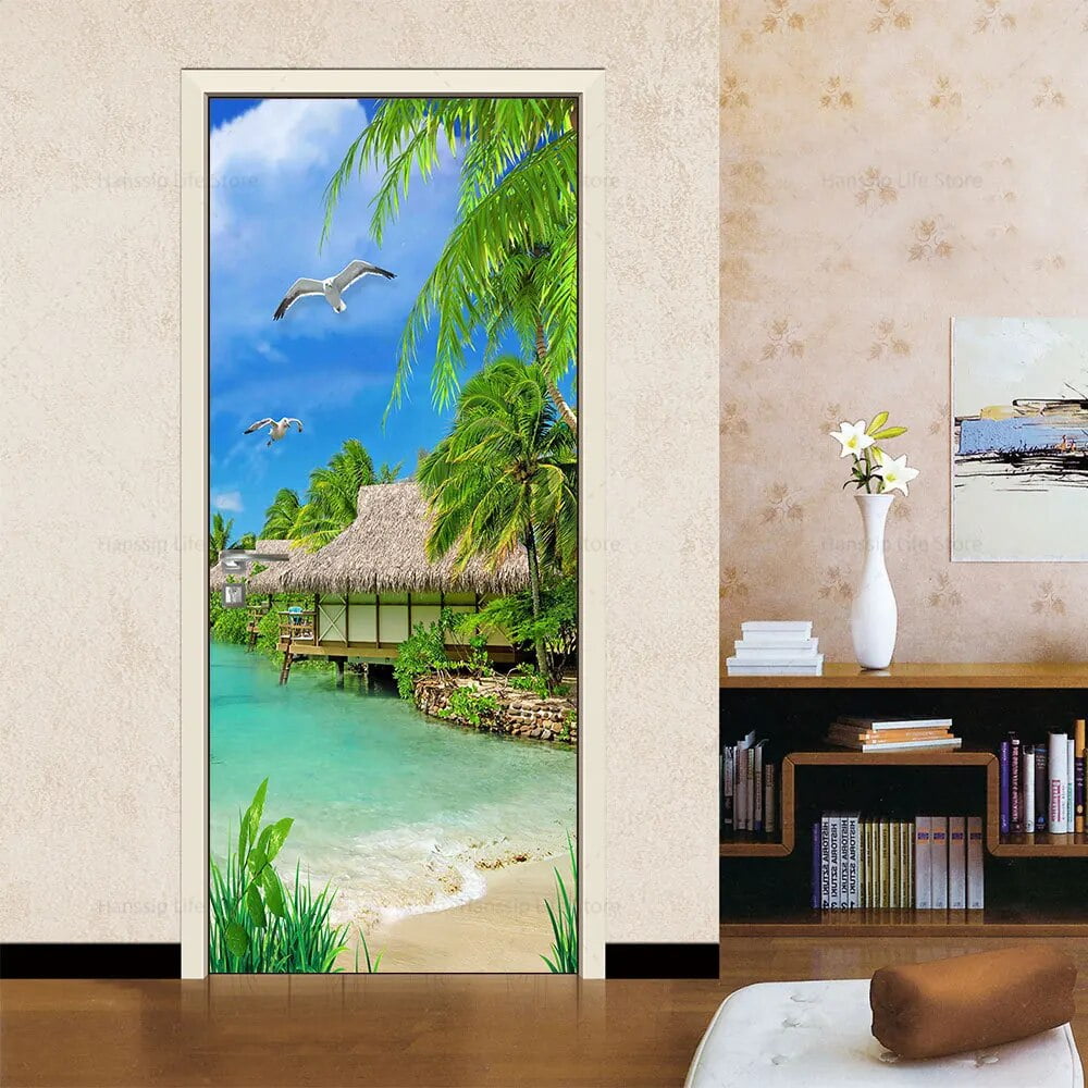 Sea View Beach 3D Door Mural Sticker Self Adhesive PVC Blue Sky Summer ...