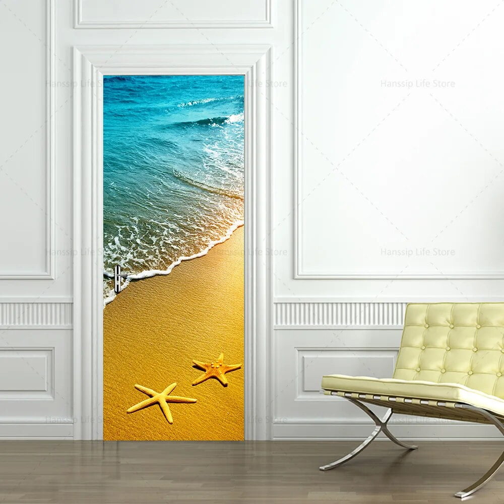 Sea View Beach 3D Door Mural Sticker Self Adhesive PVC Blue Sky Summer ...