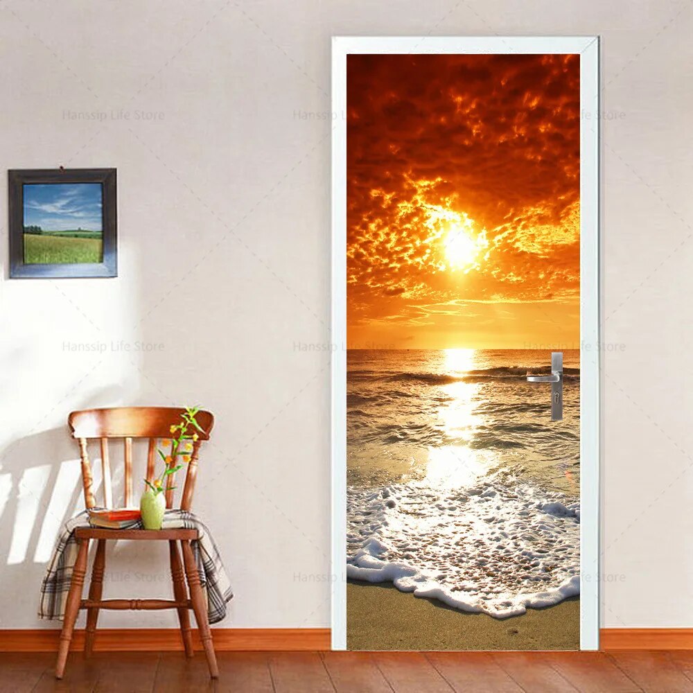 Sea View Beach 3D Door Mural Sticker Self Adhesive PVC Blue Sky Summer ...