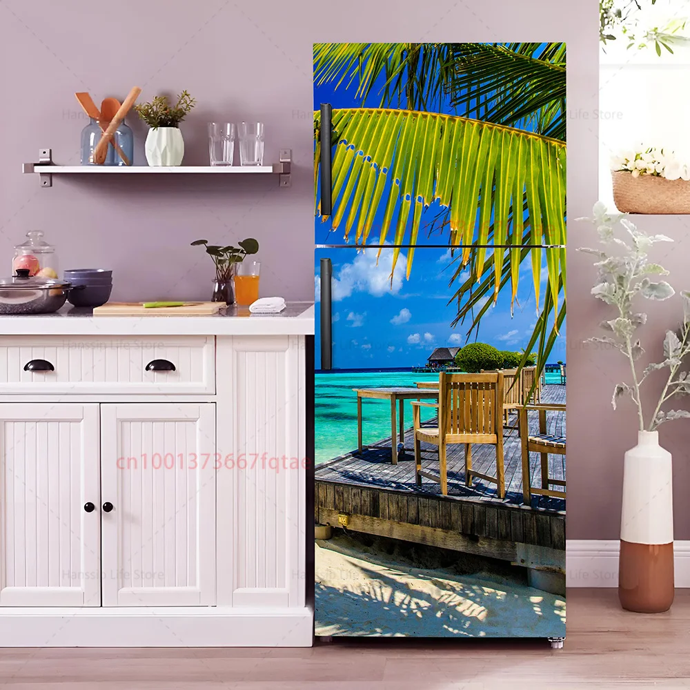 Sea View Scenery Fridge Door Wrap Mural Cover Beach Chair Wall Art ...