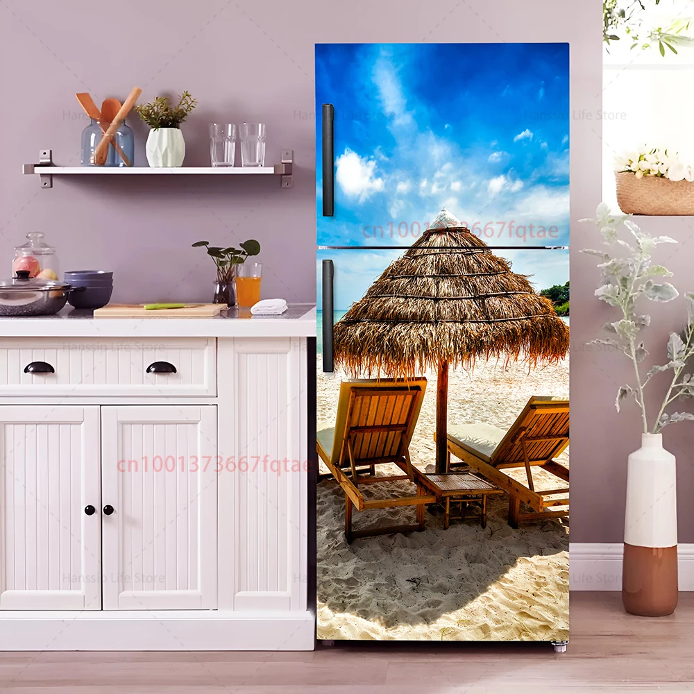Sea View Scenery Fridge Door Wrap Mural Cover Beach Chair Wall Art ...