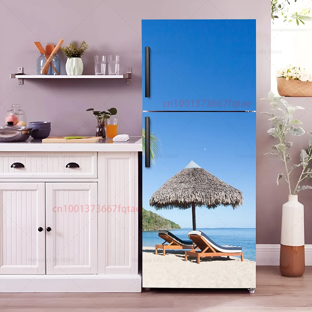 Sea View Scenery Fridge Door Wrap Mural Cover Beach Chair Wall Art Kitchen Wallpaper for ...