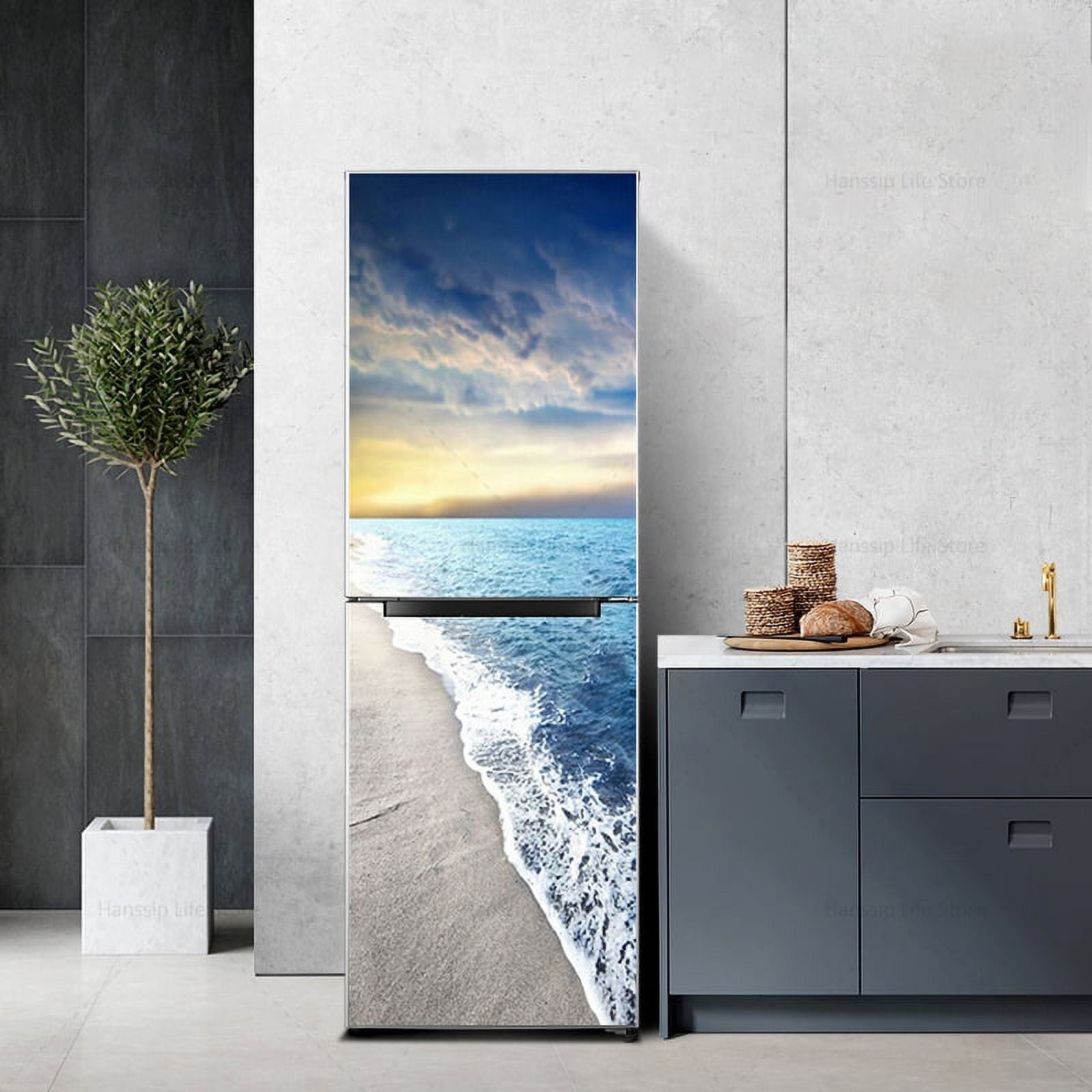 Sea View Scenery Refrigerator Sticker Full Door Cover Waterproof PVC for Wardrobe Cabinet ...