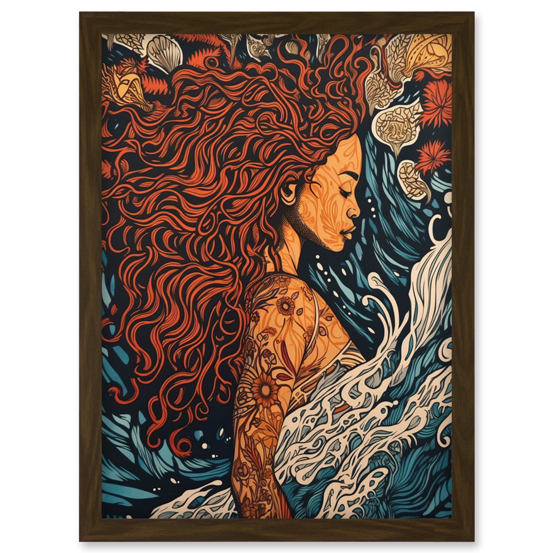 Sea Water Nymph Modern Art Nouveau Linocut Artwork Framed Wall Art ...