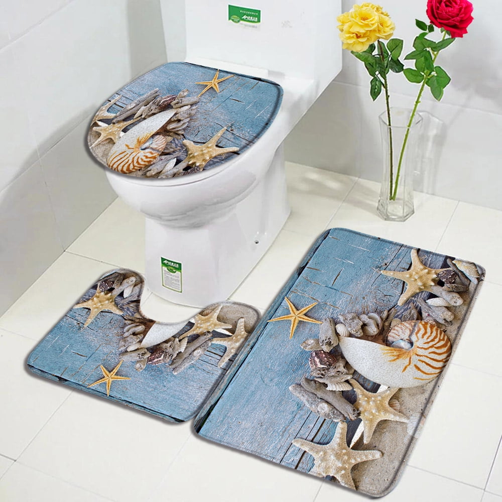 Sea Wave Beach Bath Mat Set Dusk Ocean StarConch Blue Wooden Board ...