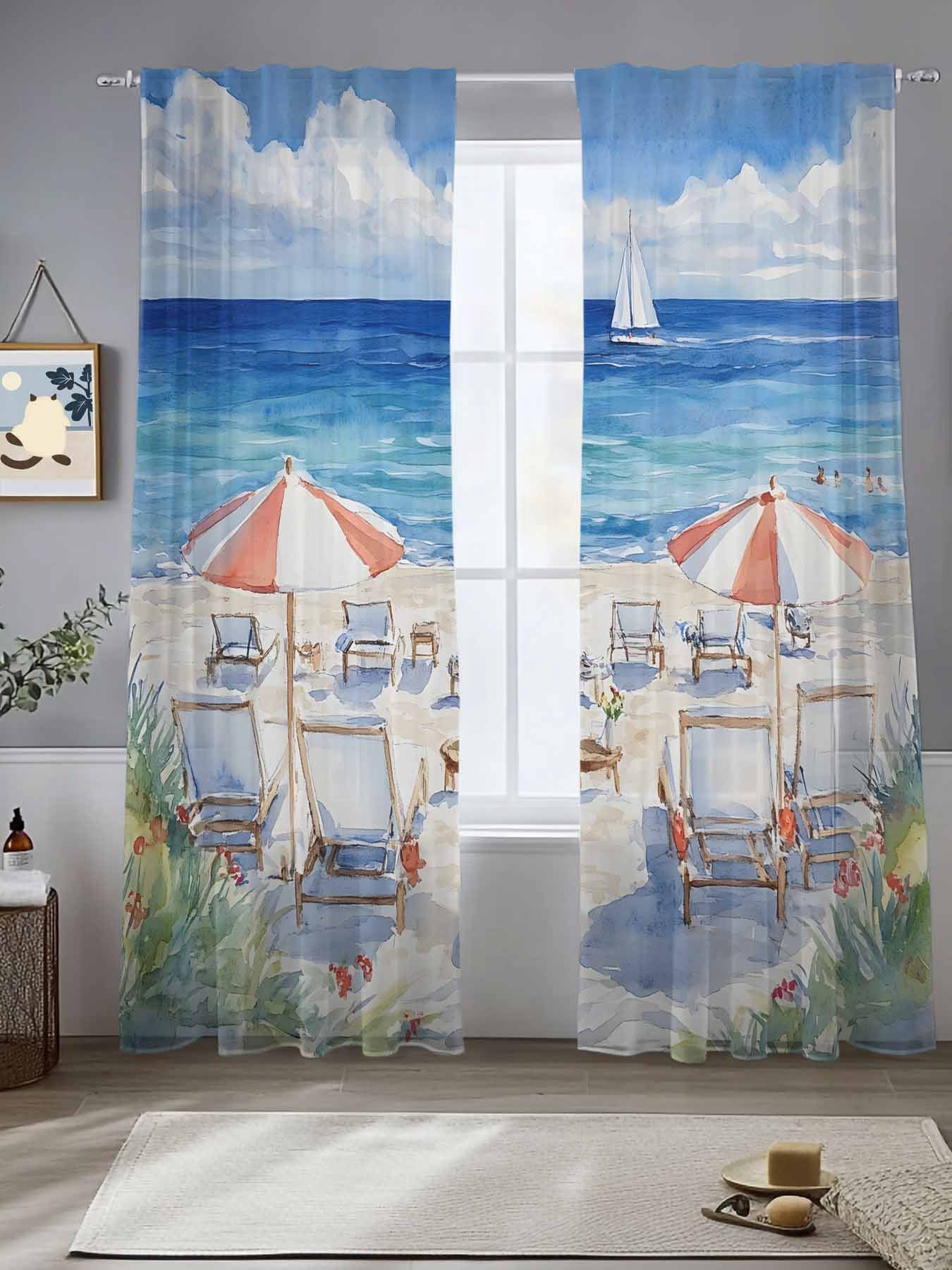 Sea Wave Blue Sheer Curtains for Living Room Bedroom Coastal Nautical ...