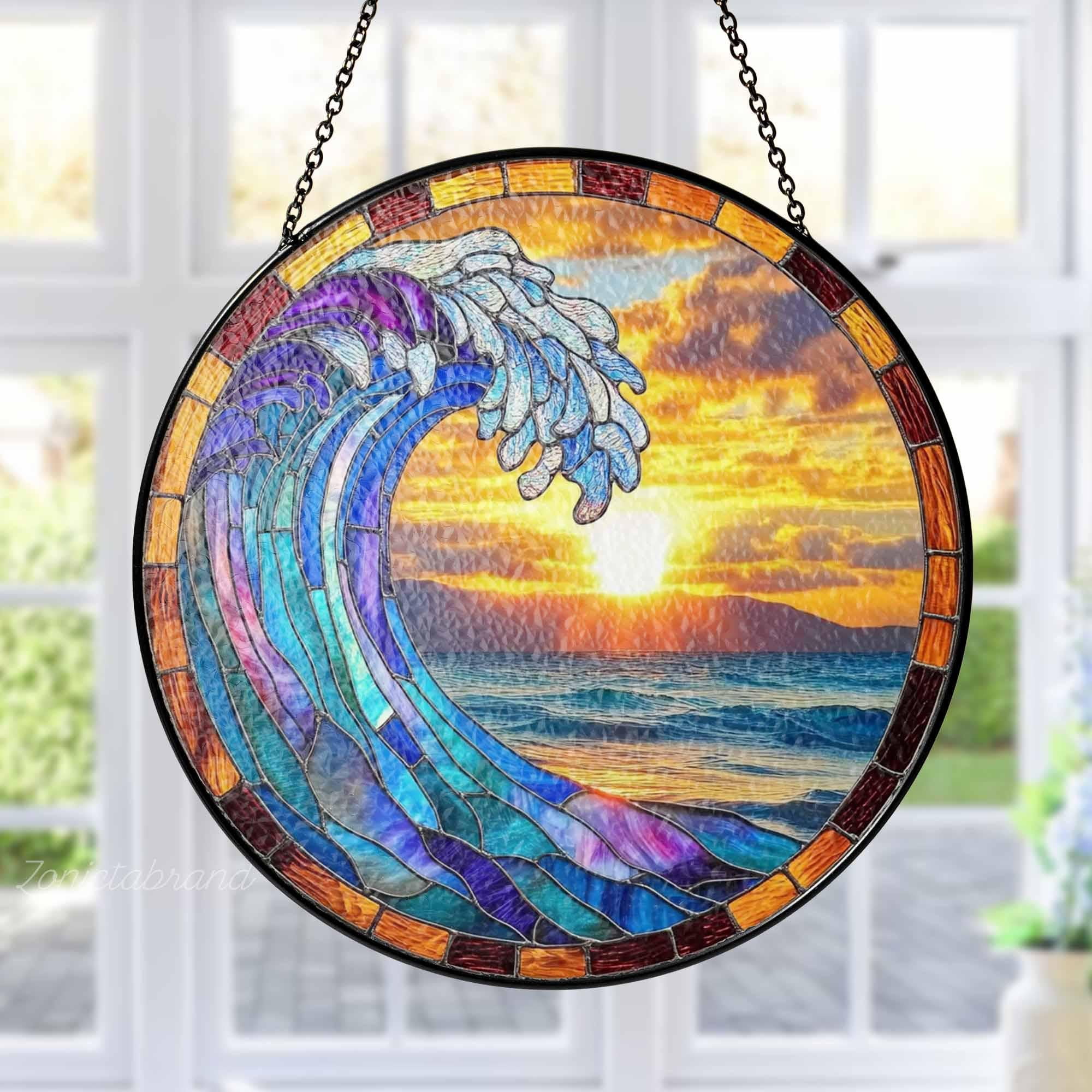 Sea Wave Glass Suncatcher, Ocean Lover Gift, Ocean Suncatcher Hanging ...