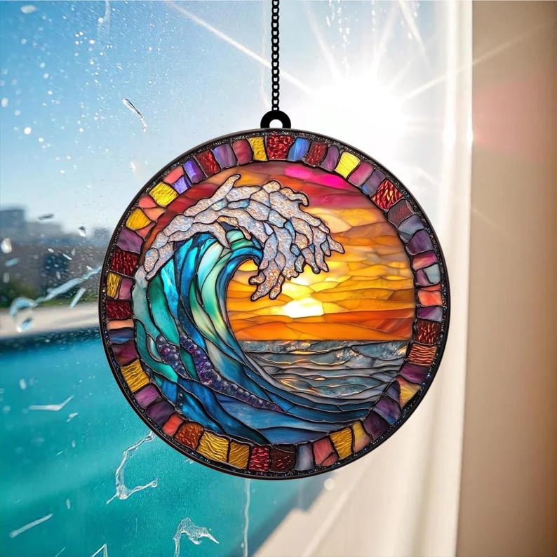 Sea Wave GlassSuncatcher, Ocean Faux Stained Glass Window Hanging, Wave ...
