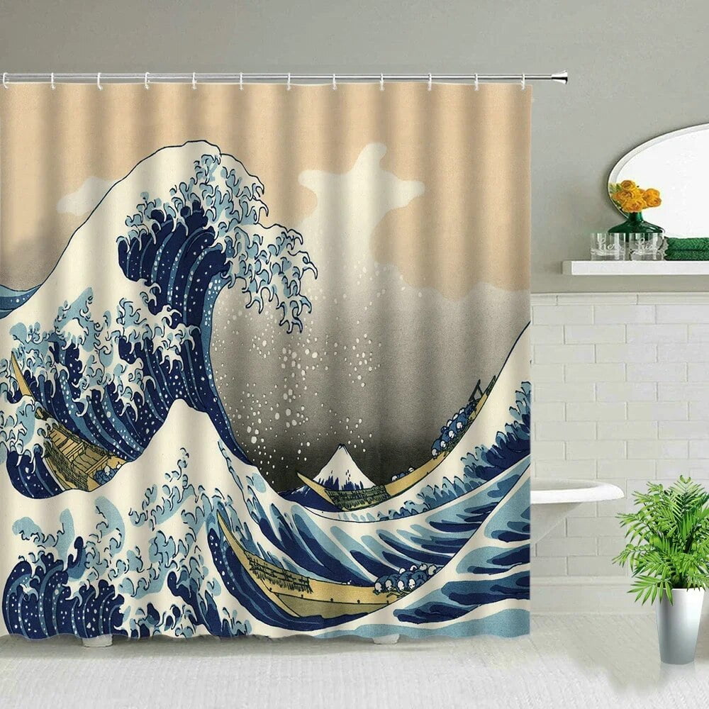 Sea Wave Pattern Cartoons Scenery Shower Curtain Set Modern Bathroom