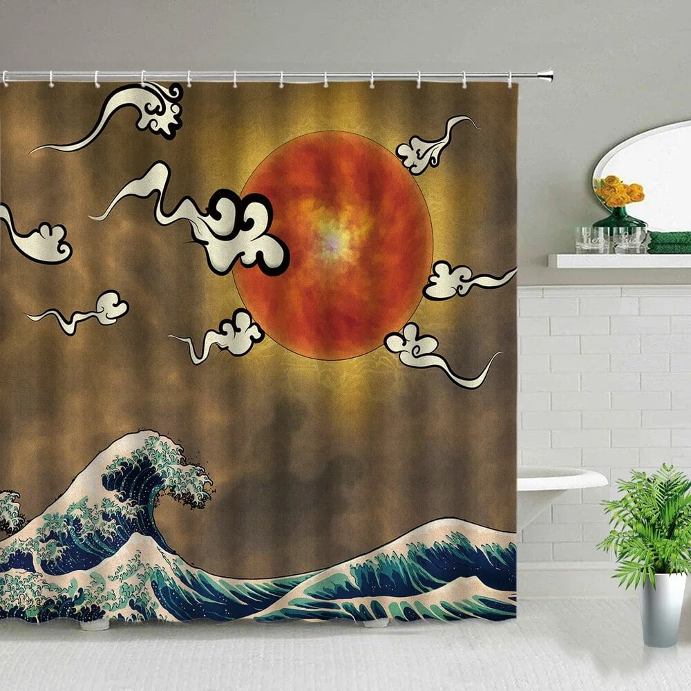Sea Wave Pattern Cartoons Scenery Shower Curtain Set Modern Bathroom